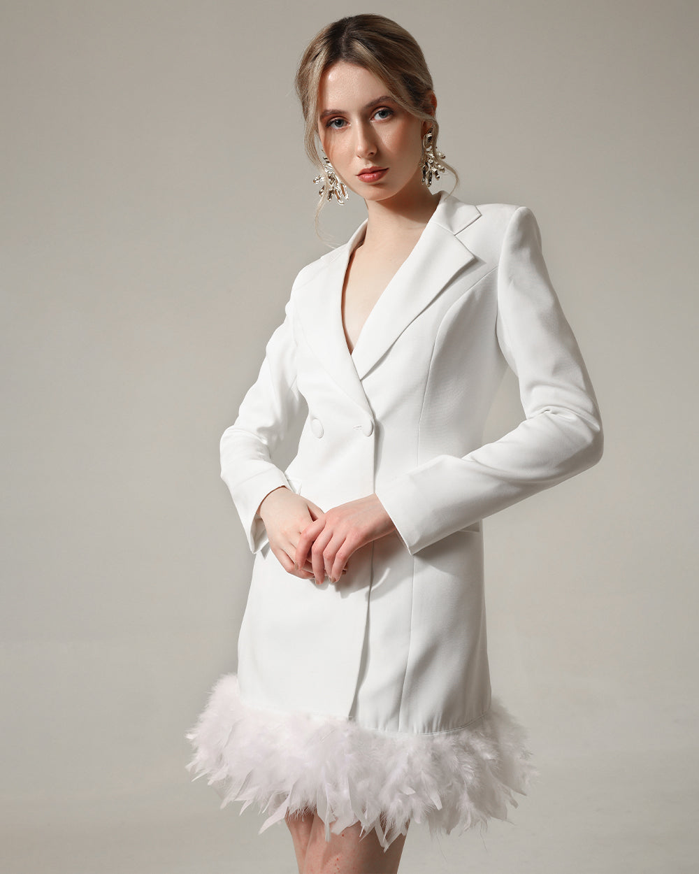 Sheen Couture White Feathered Blazer Dress | Formal Dresses – Sheen ...